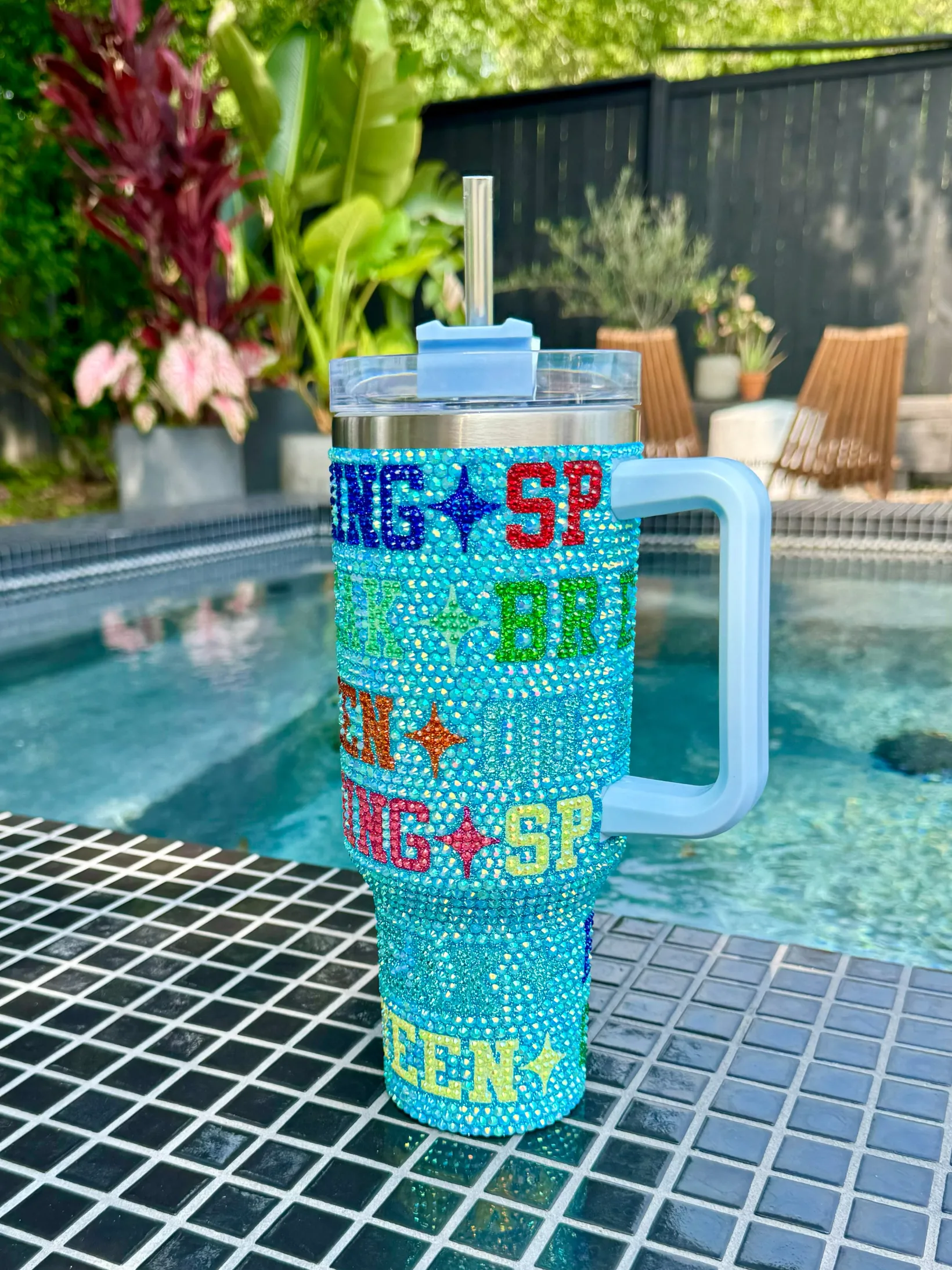 Aqua Spring Break Queen Rhinestone Tumbler - Queen Of Sparkles